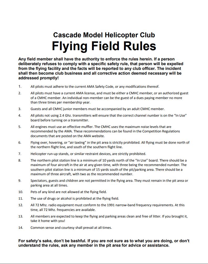 Field Rules – Cascade Model Helicopter Club
